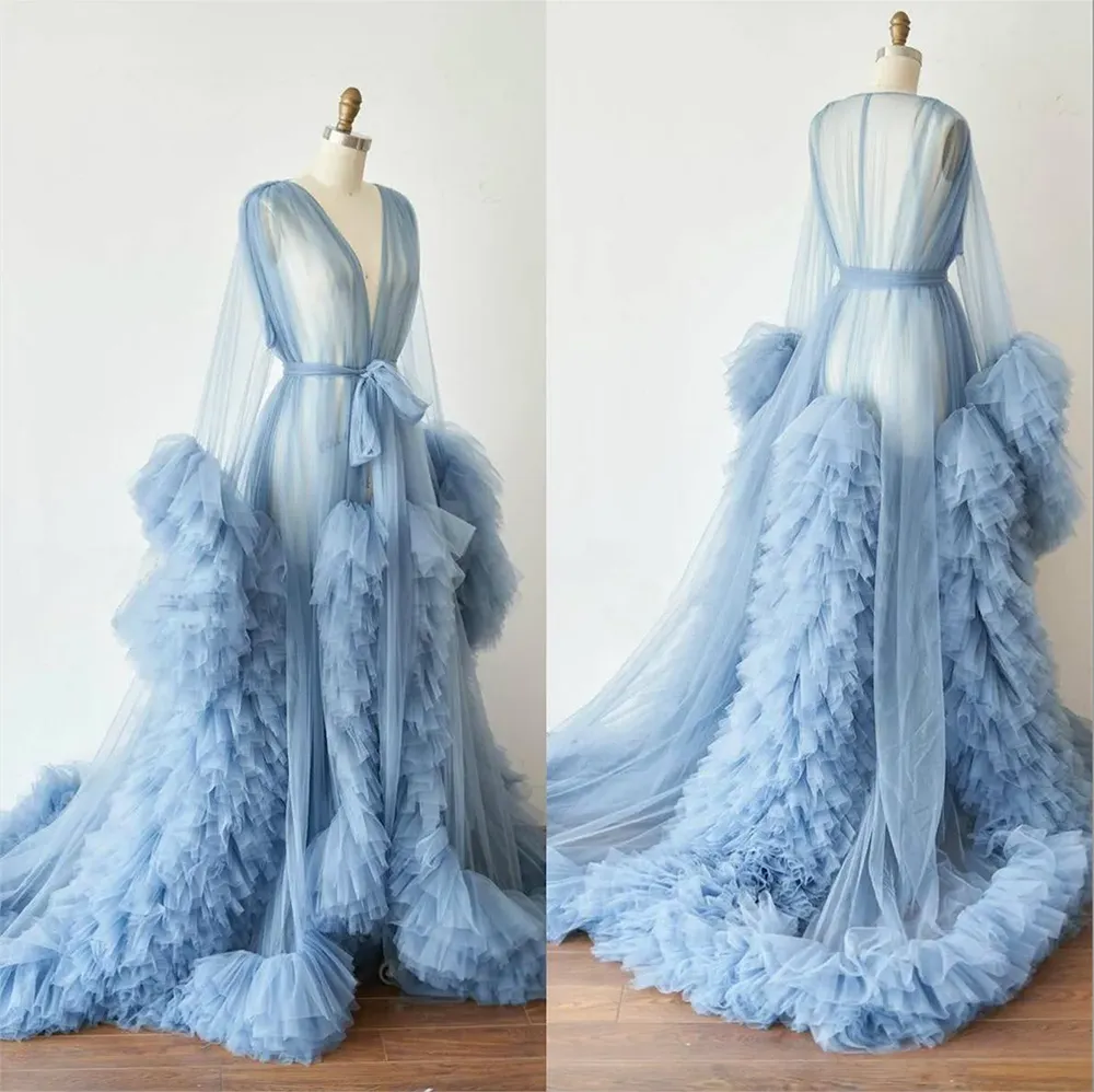 Luxury Ruffles Night Robe Bridal Long Sleeves Sleepwear See Through Sky ...