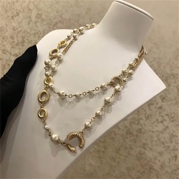 Women s Designer Luxury C Logo Choker Pearl Long Chain Necklace Autumn and Winter Brand Jewelry