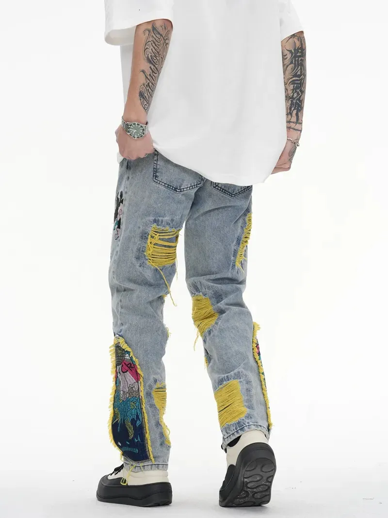 Men's Jeans Chinese Painting Embroidered Patch Denim Ripped Pleated ...