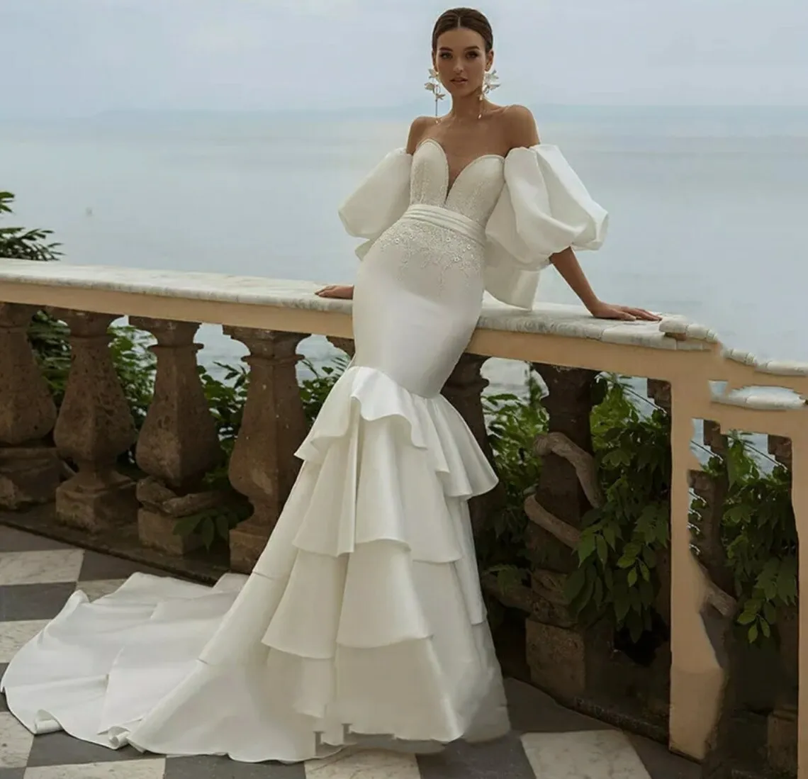 Arabic Bridal Dresses Off Shoulder Mermaid Wedding Gown Elegant Aso Ebi Applique Sweep Train ...