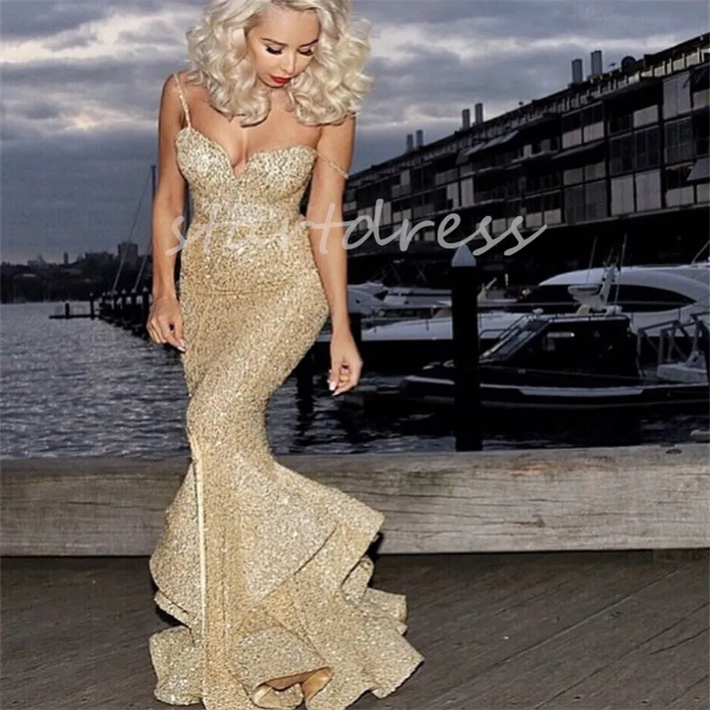 Golden Sequin Mermaid Gold Sequin Evening Gown With Spaghetti Straps ...