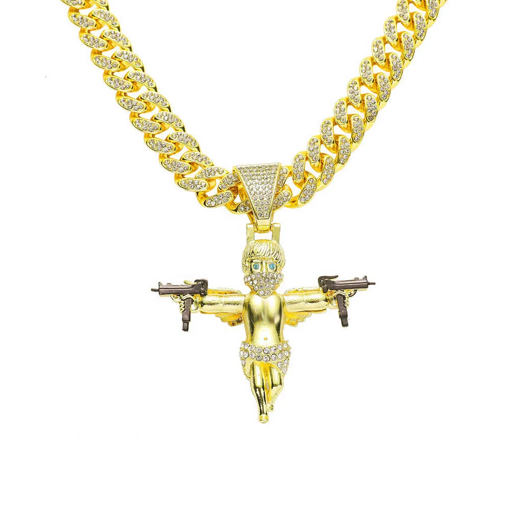 Iced Out Hip Hop Angel Pendant Necklace - Gold Plated Mask, Double Gun ...