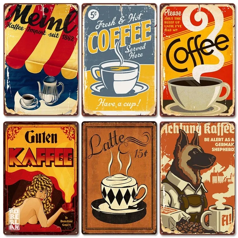 Vintage Coffee Decor - Retro Metal Tin Signs, Fresh Coffee & Tea Wall ...