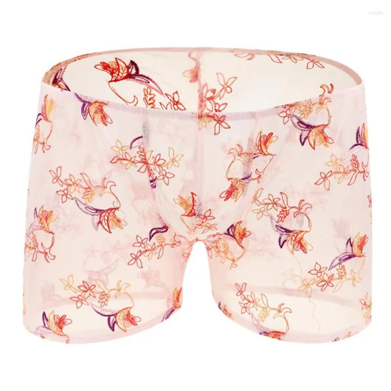 Mens Pink Gauze Print Sissy Boxers Sexy Transparent Scrotal Support ...
