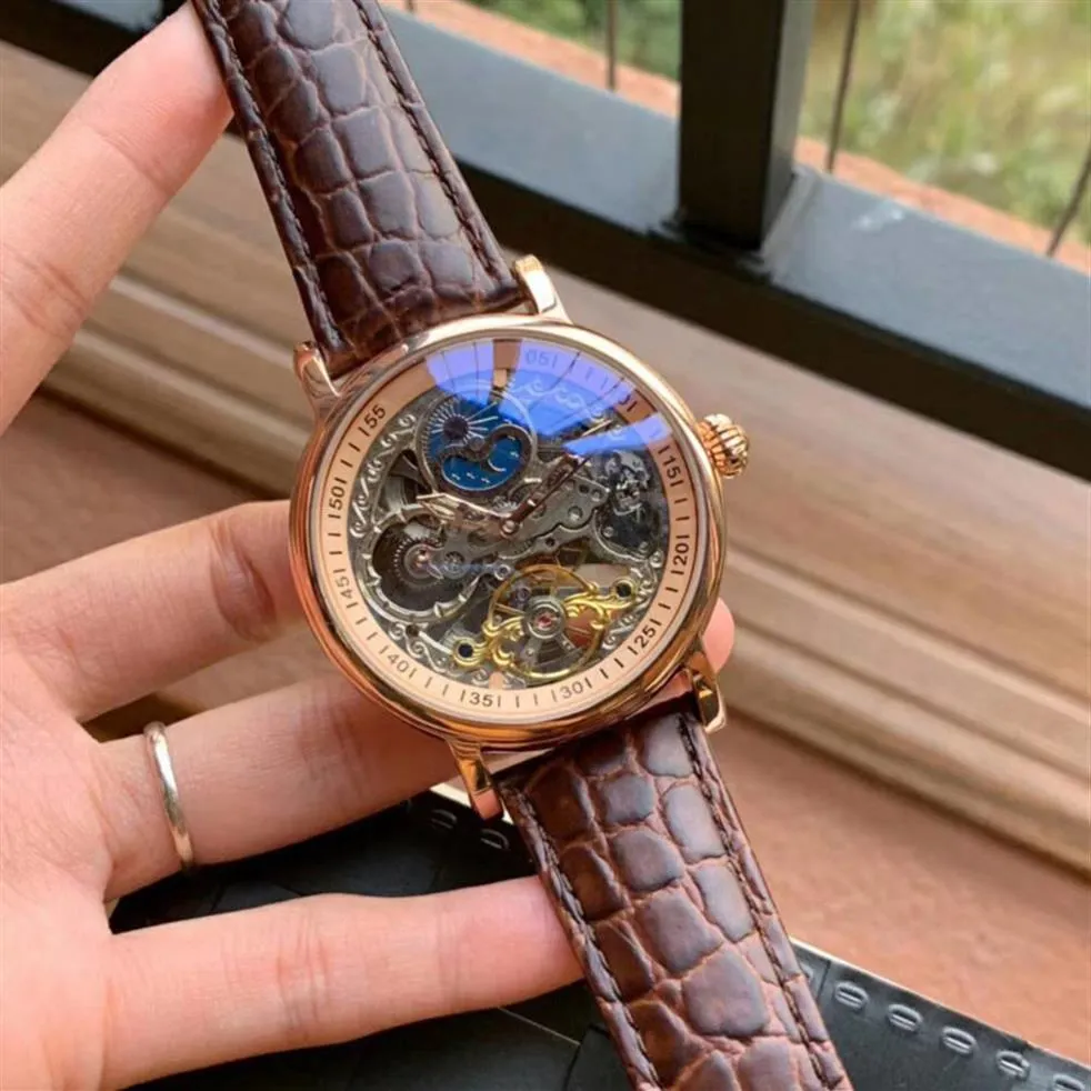 Automatic Skeleton Sapphire Sun Moon Phase Mens Mechanical Leather ...