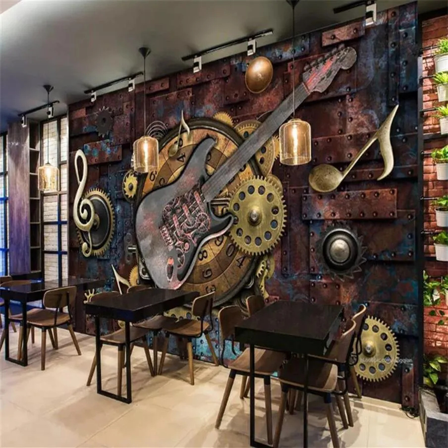 WallArt Murals Retro Gears & Music Notes: Custom Wallpaper For Bars ...