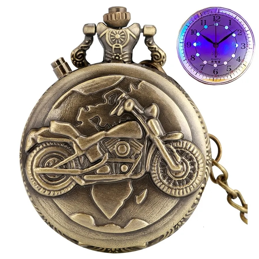 Steampunk Motorcycle Pocket Watch - Bronze Luminous LED Quartz Fob ...