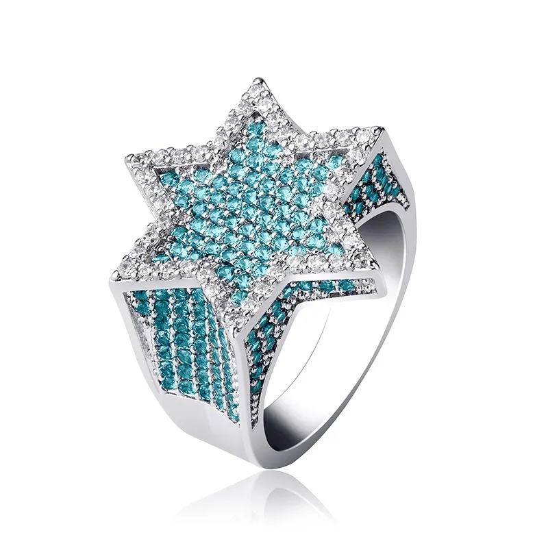 Hip Hop Mint Green Cubic Zirconia Star Cluster Ring Bling Hexagon 18K ...