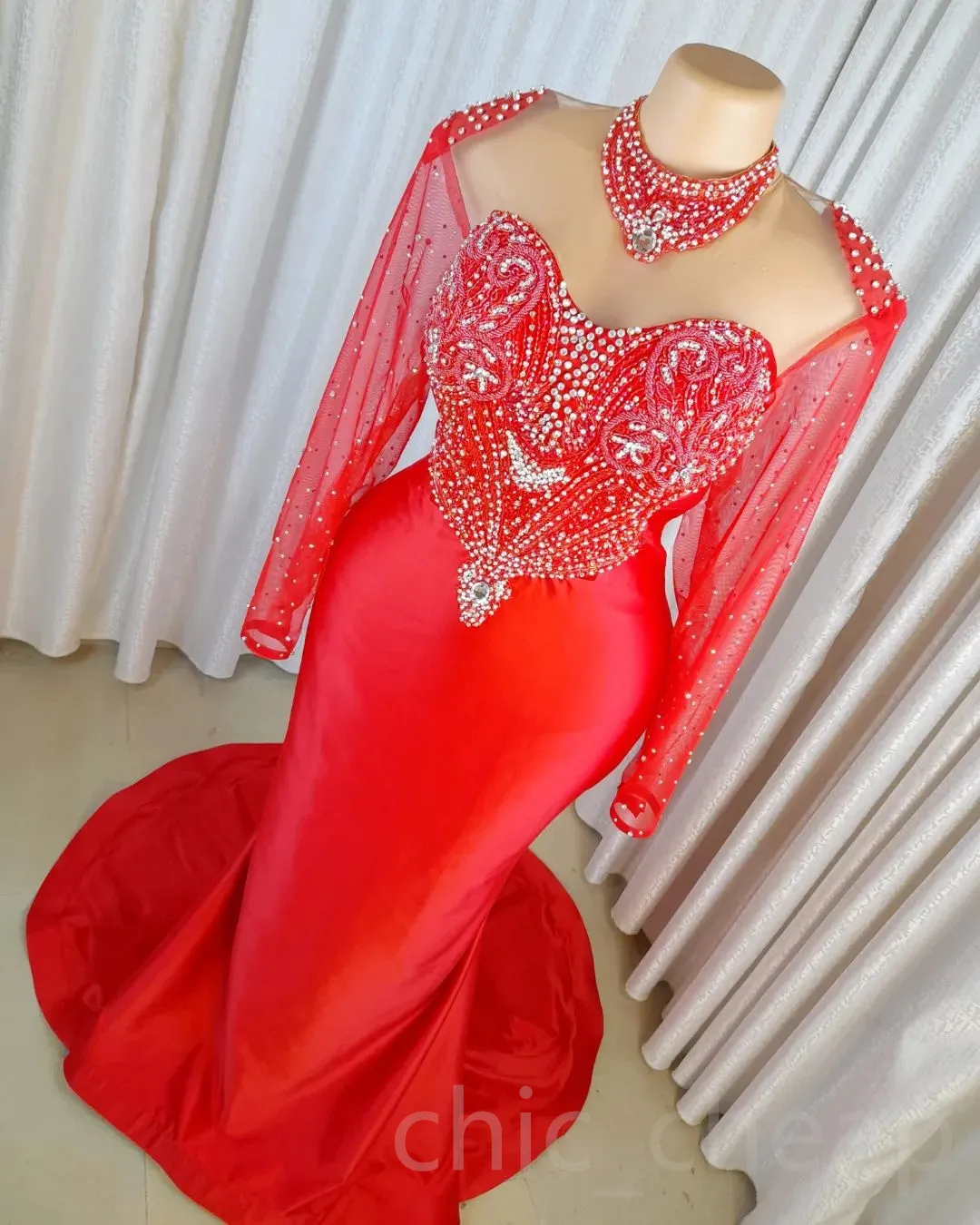 Red Beaded Mermaid Red Sparkly Prom Dress With Crystals 2023 Arabic Aso Ebi Collection For ...