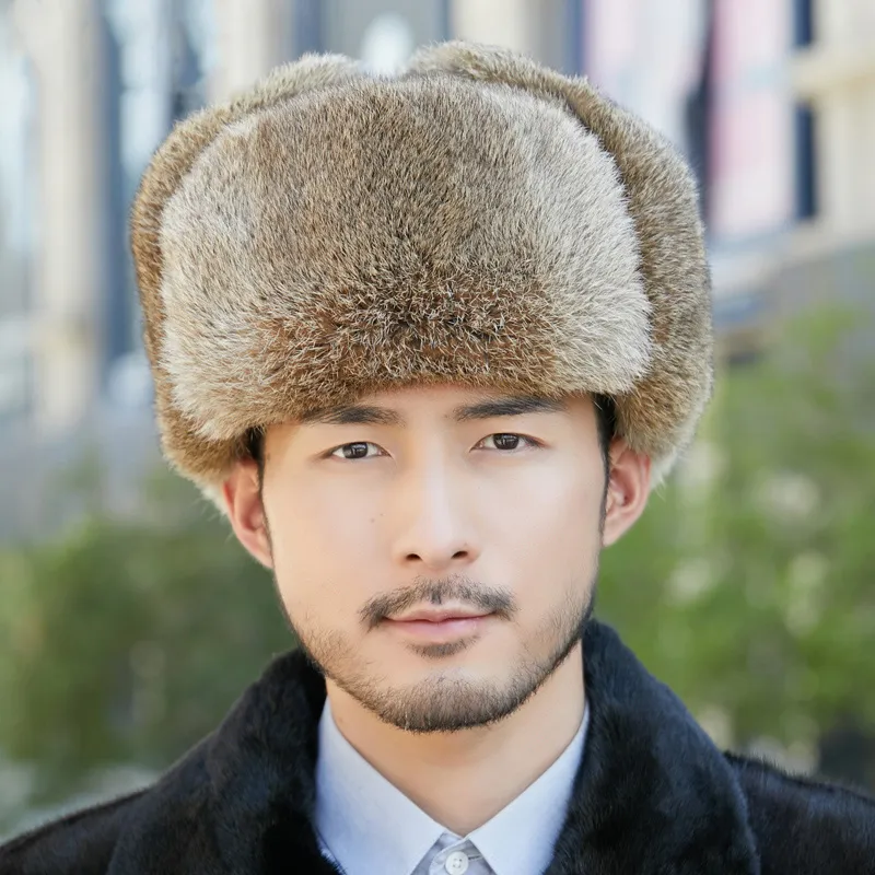 Men's Real Rabbit Fur Hat Russian Ushanka Trapper Cap Winter Warm ...
