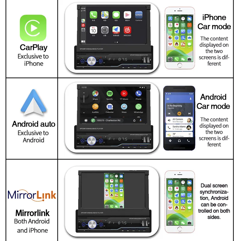 T100C 1 Din Car Radio With Retractable Screen Apple CarPlay, Android ...