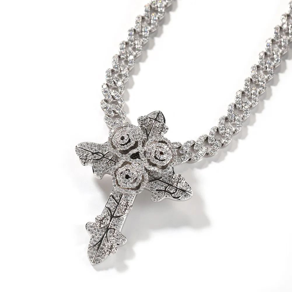 Gold Cross Pendant Necklace - Hip Hop Rapper Chain with Rose Accent ...