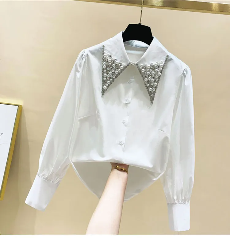 Women's Chiffon Blouse with Diamonds Collar White Shirt Lightweight ...