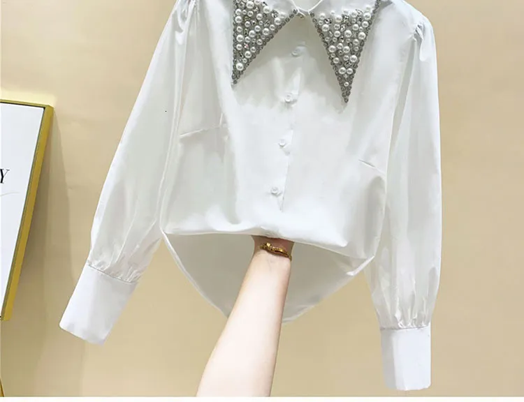 Women's Chiffon Blouse with Diamonds Collar White Shirt Lightweight ...