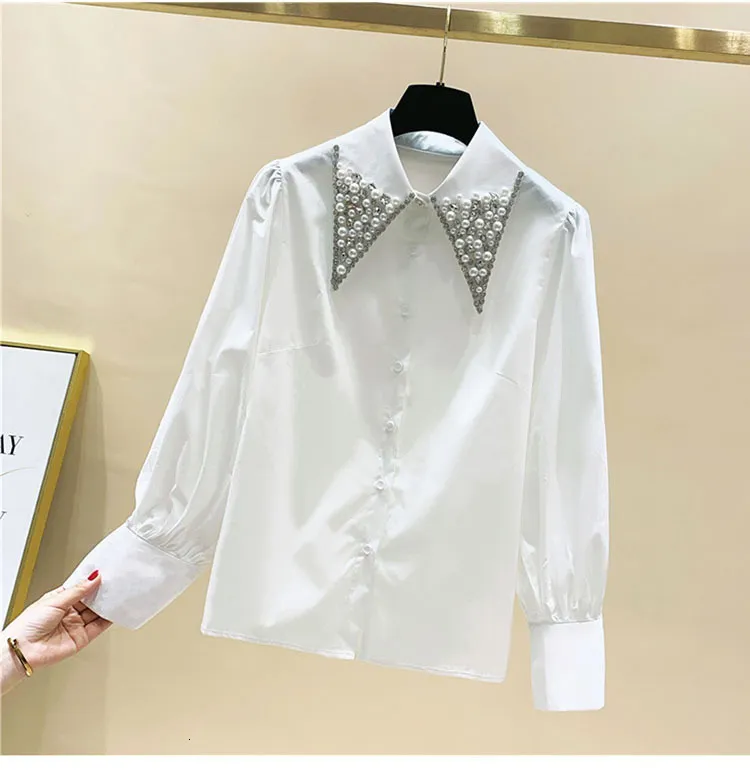 Women's Chiffon Blouse with Diamonds Collar White Shirt Lightweight ...