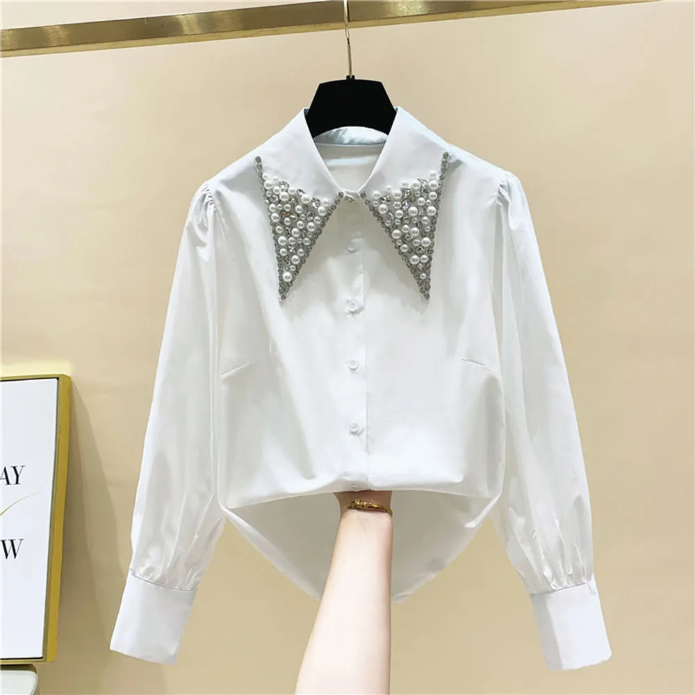 Women's Chiffon Blouse with Diamonds Collar White Shirt Lightweight ...