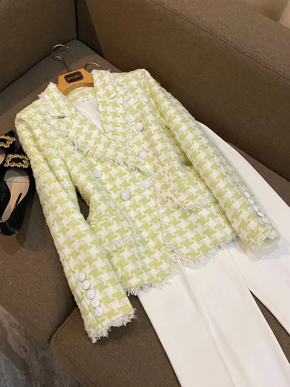 Green Houndstooth Panelled Tweed Blazers Long Sleeve, Notched Lapel ...