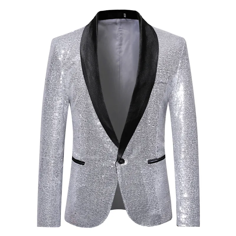 Sequin Blazer Jacket Men Gold Polyester Button Closure Skinny Fit Long ...