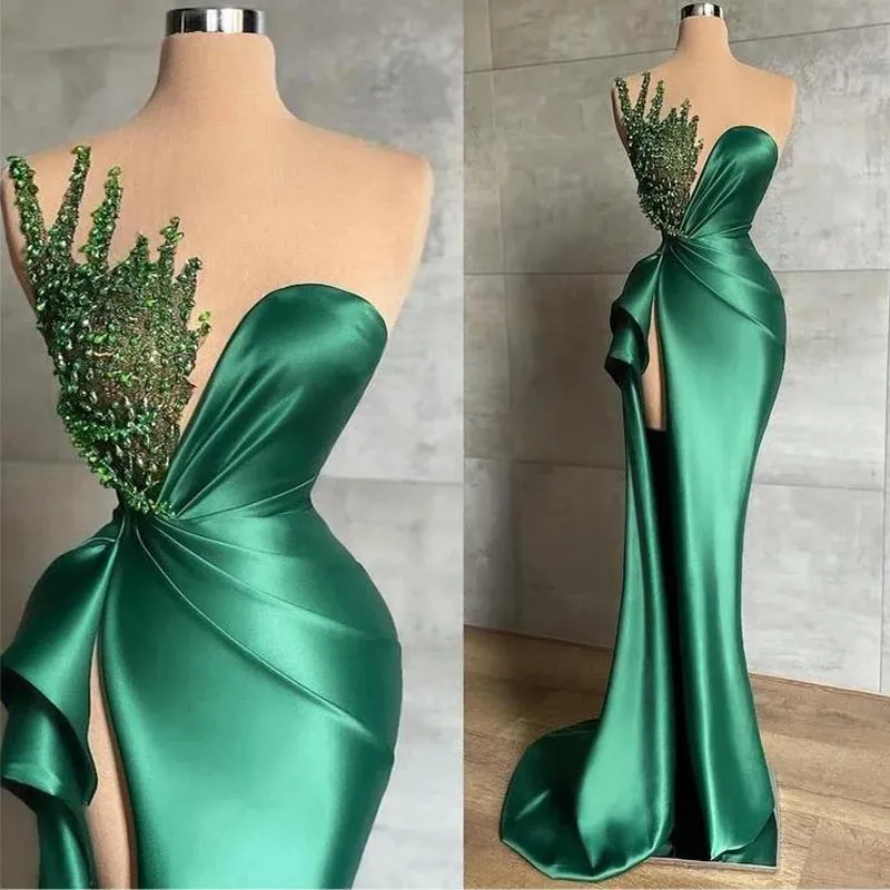 Elegant Mermaid Style Prom Dresses Sheer Bateau Neckline Satin Evening ...