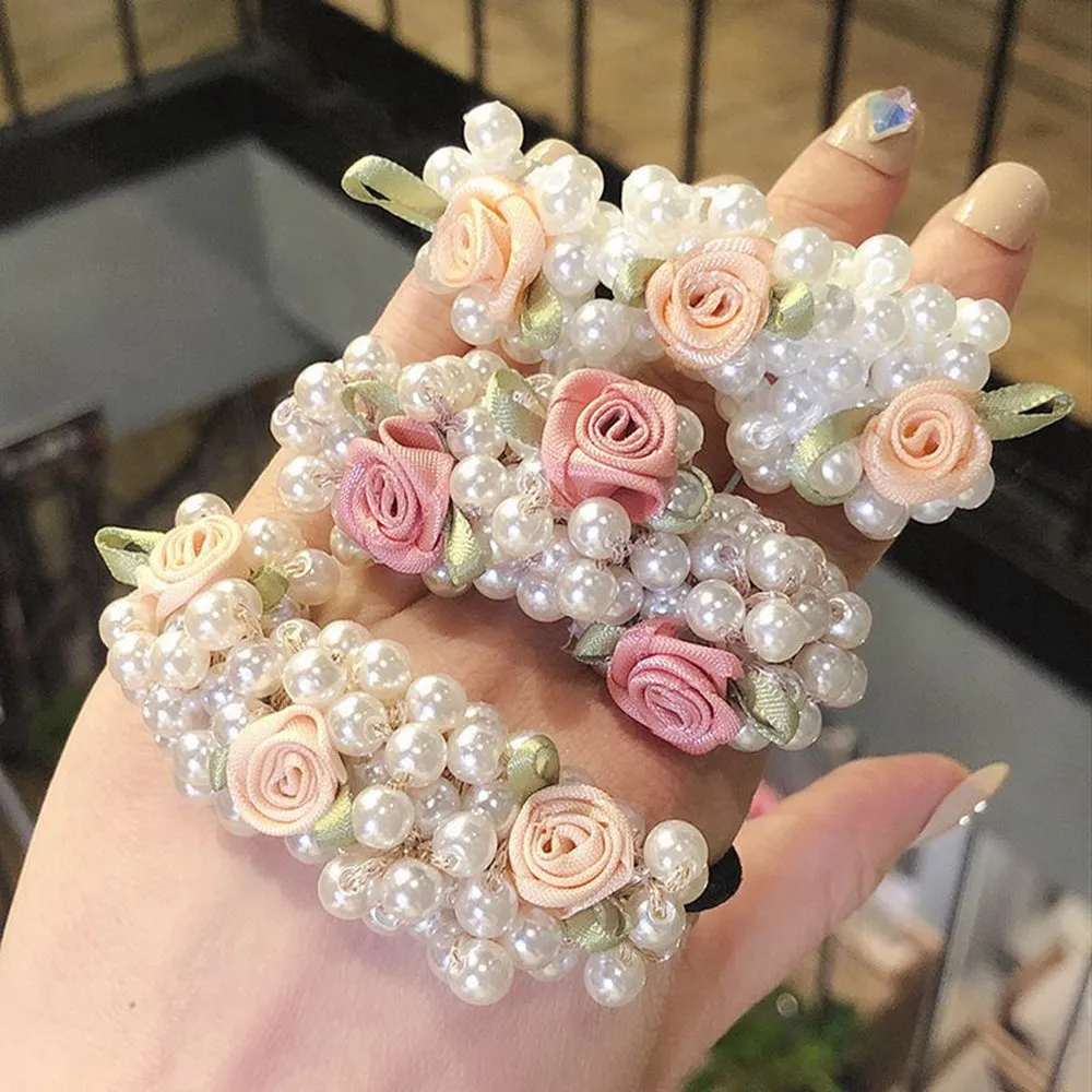 Women Ribbon Flower Pearls Hair Rope Handmade Elastic Beaded Ponytail ...