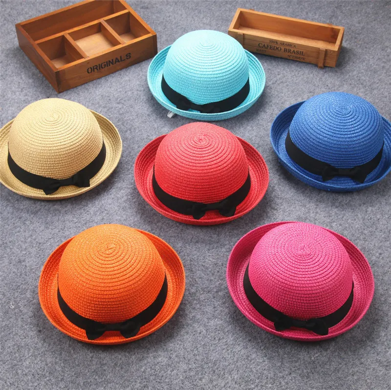 Round A Blue Straw Hat With Roll Brim For Kids Perfect For Spring And ...
