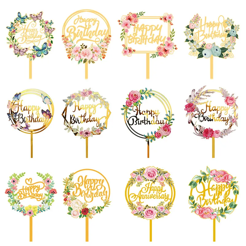 Cake Decoration Topper Card Floral Acrylic Cupcake Toppers Happy ...