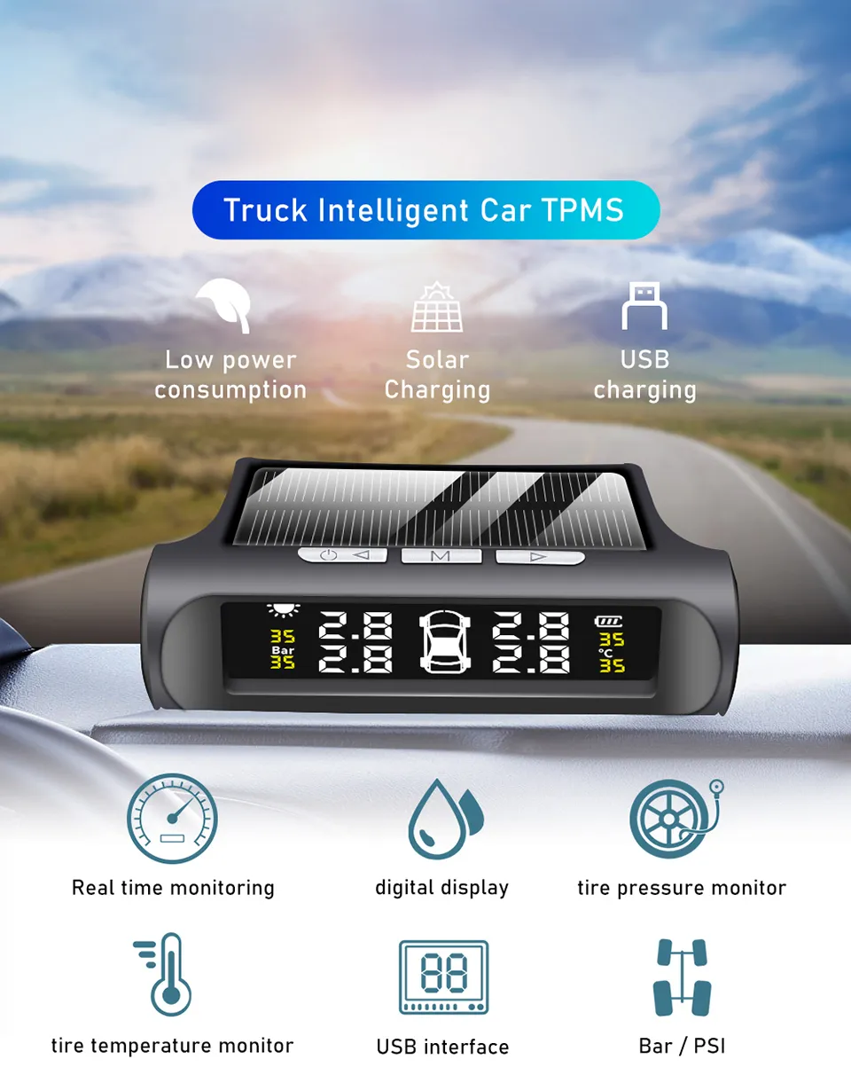 Car TPMS Tire Pressure Monitoring System Solar Power Digital LCD ...