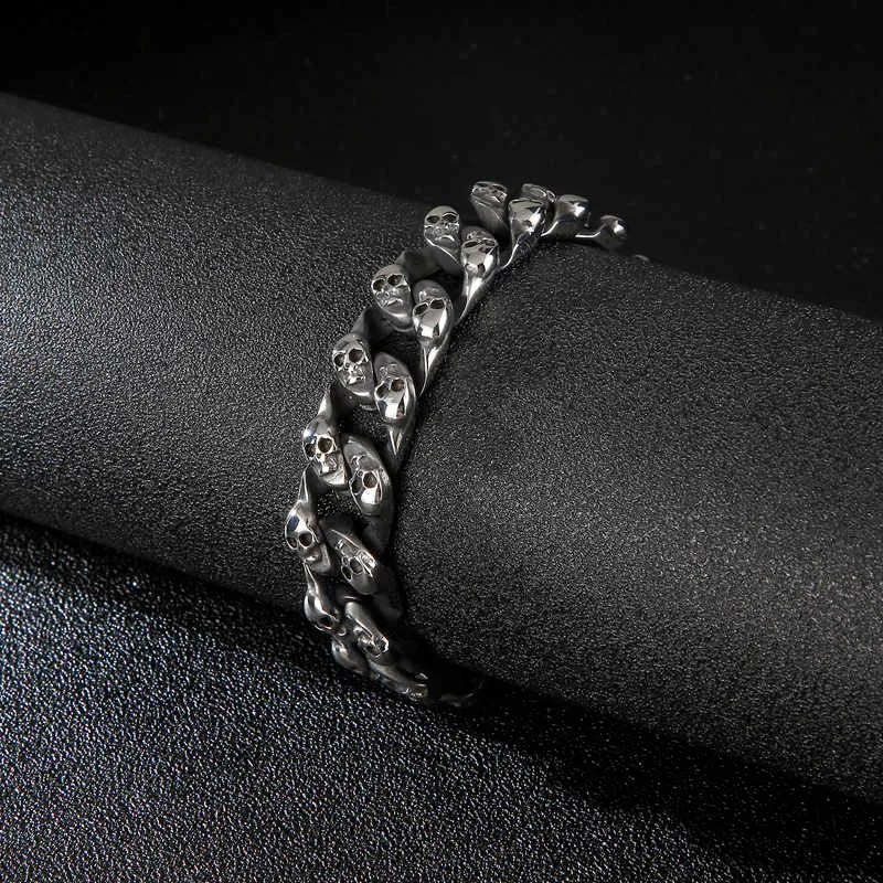 Men's Stainless Steel 15mm Skull Bone Cuban Link Chain Bracelet with ...