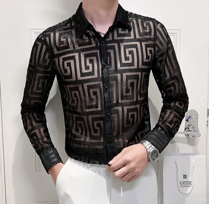 Nueva Camisa De Encaje Transparente Sexy Para Hombre Camisa Hueca ...