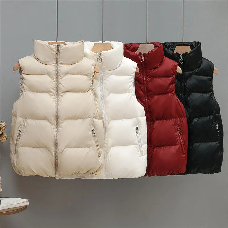 White Waistcoat Womens: Sleeveless Short Down Vest Stand Collar Zipper ...