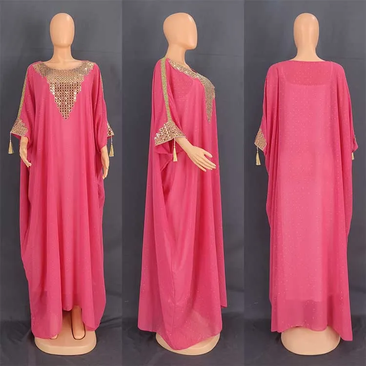 Women's Chiffon Abaya Dress Set: Oversized Batwing Sleeve Sequined Gown ...
