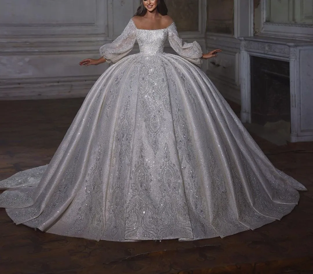 Luxury Long Sleeve Sparkly Ballgown Wedding Dress With Bateau Neckline ...