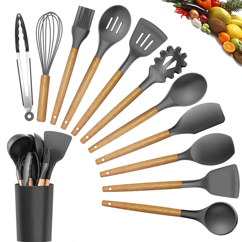 Cookware Parts Silicone Cooking Utensil Set with Wooden Handles ...