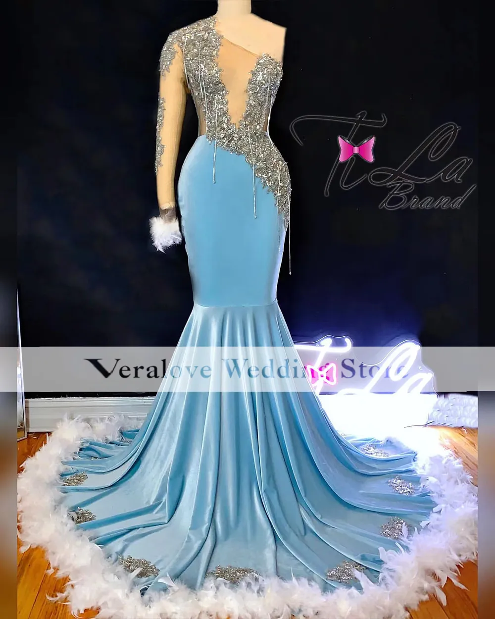Luxury One Shoulder Mermaid Blue Mermaid Prom Dress With Feather ...