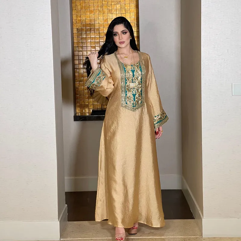 Abayas Dresses Golden Silk Embroidery Sequins Middle Eastern Muslim ...