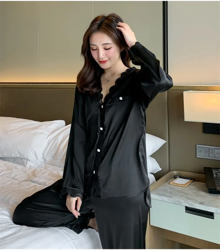 Womens Silk Like Pajamas Set: Autumn Longsleeved Nighties Style ...