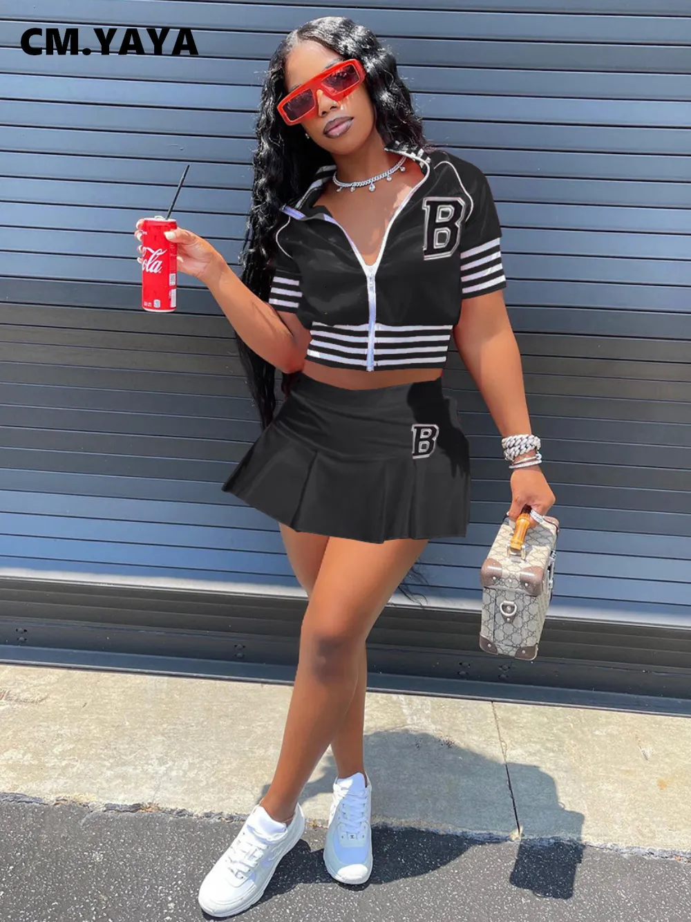 CMYAYA Women's Summer Baseball Two Piece Set With Mini Pleated Short ...