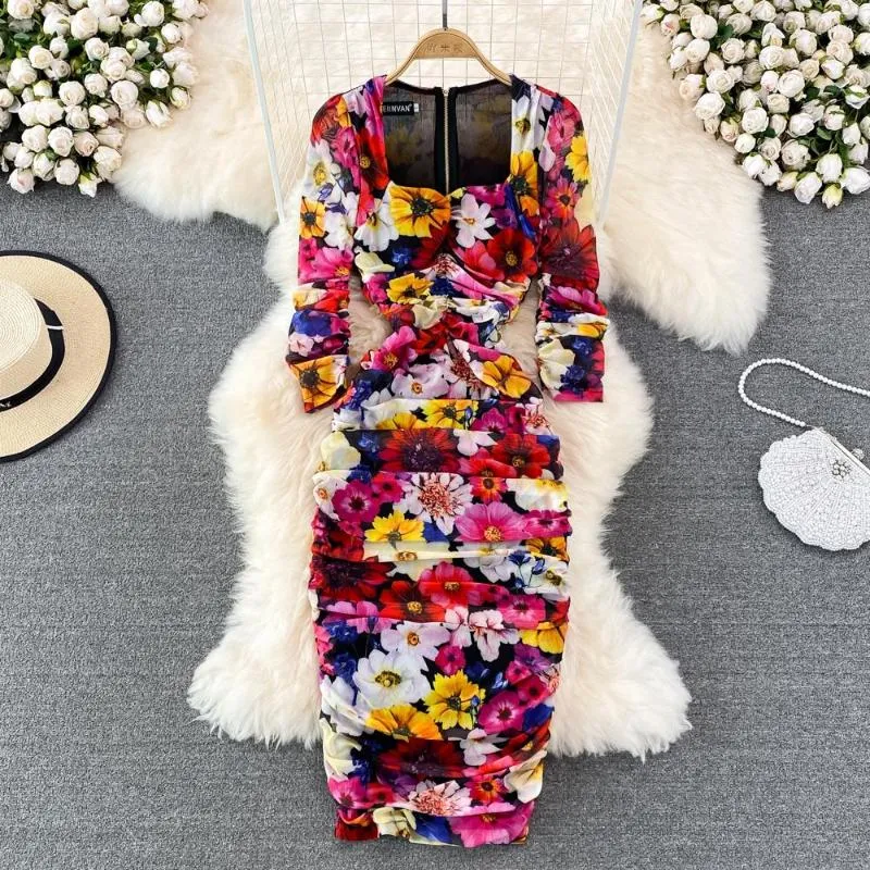 Women Summer Midi Dress Casual Mesh Tulle Floral Print Corset Wrap ...