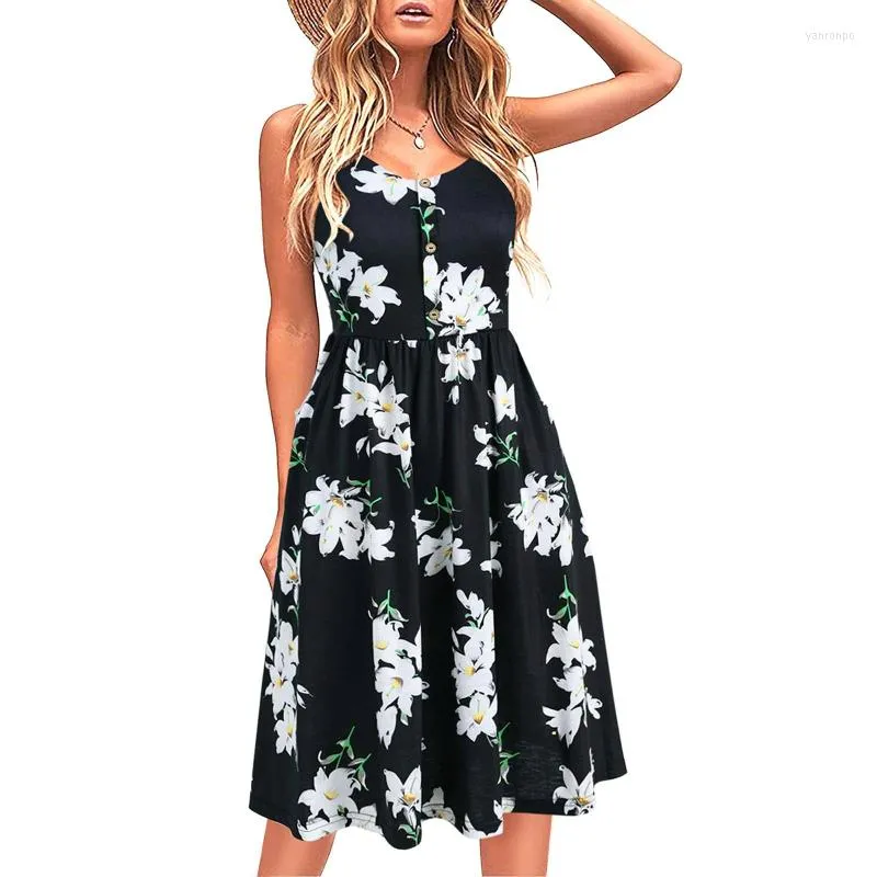 Casual Dresses Women Summer Dress Print Button V Neck Sleeveless Loose ...