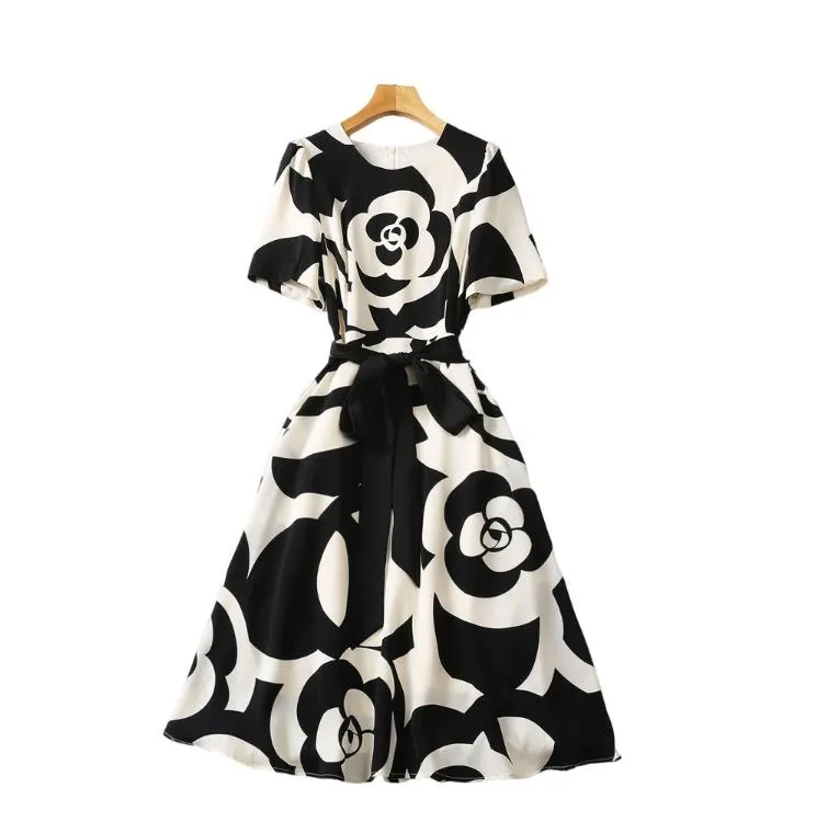XXL Floral Print Dress - Spring , Crew Neck Short Sleeve Black Panel ...