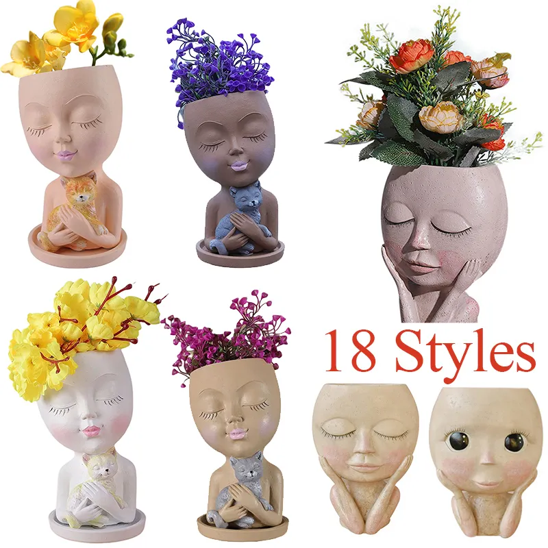 Girl Face Flower Pot - Unique Head Figurine Vase, Resin Succulent ...