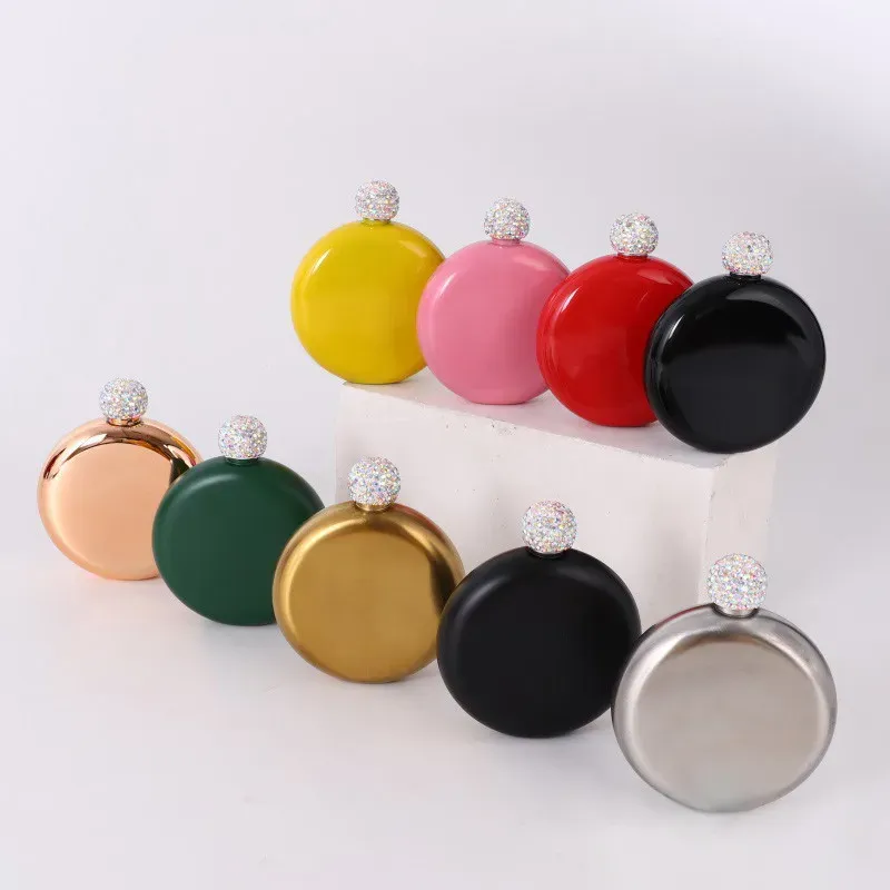 Stylish Rhinestone Lid Round Hip Flask 9 Designs, Stainless Steel Mini ...