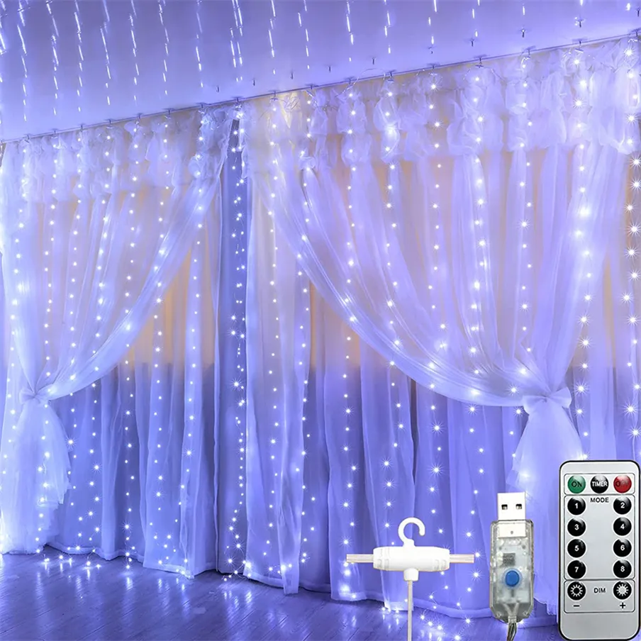 300 LED Curtain Fairy Lights With Remote Control, 8 Lighting Modes, USB ...