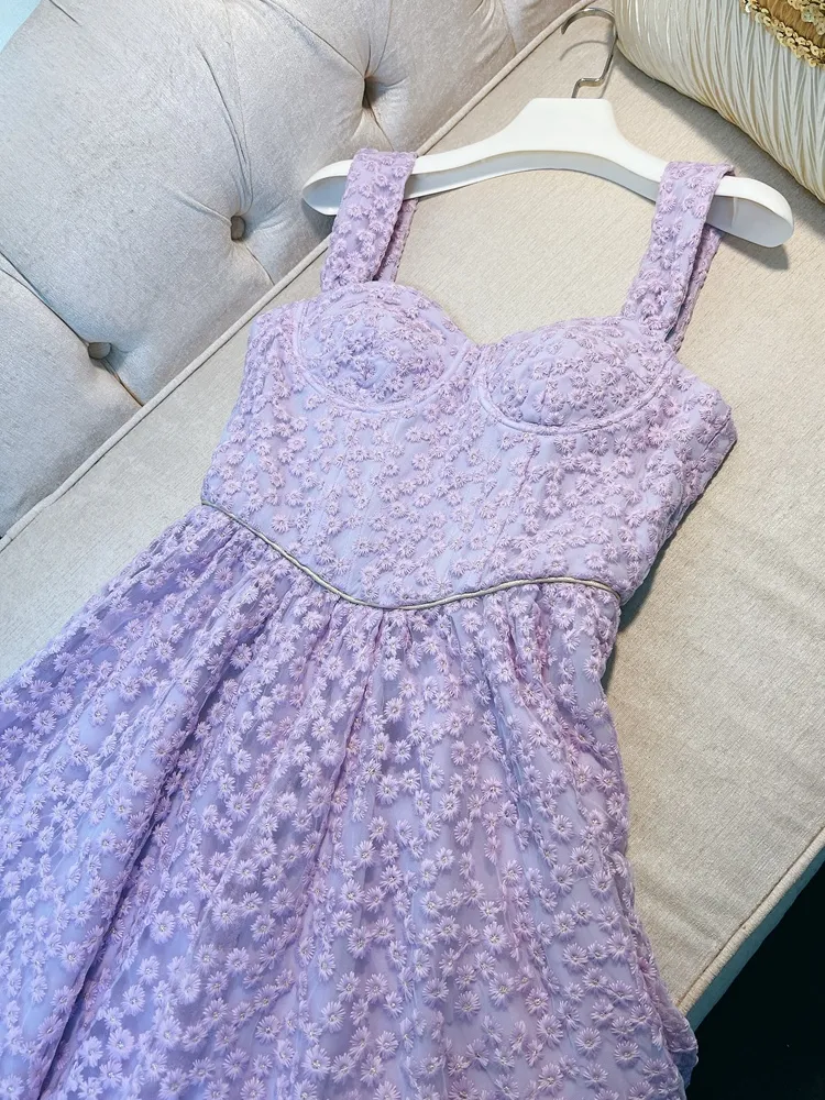 Summer Purple Floral Embroidered Tulle white dress with Spaghetti ...