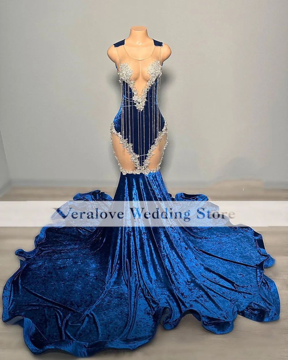 Velvet Mermaid Blue Velvet Prom Dress With Veads And Appliques Perfect ...