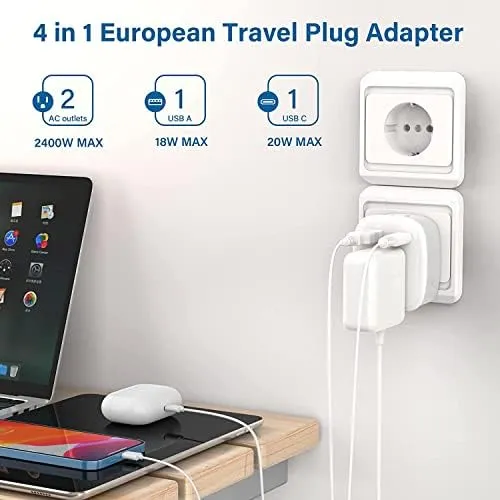 European Travel Adapter - 20W USB-C Charger, International Power Plug ...