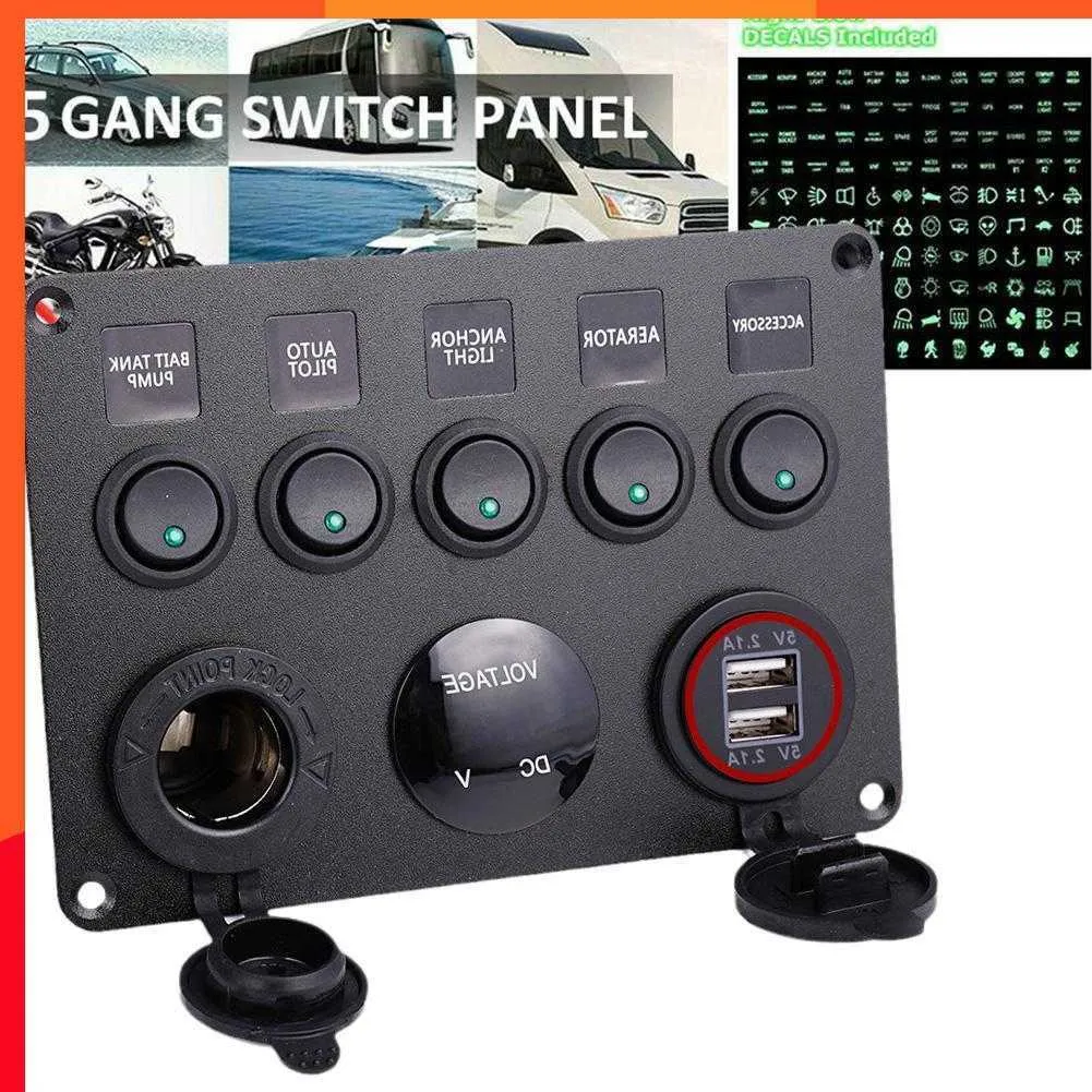 Marine Switch Panel 5 Gang, Waterproof Dual USB Voltmeter Power Outlet ...