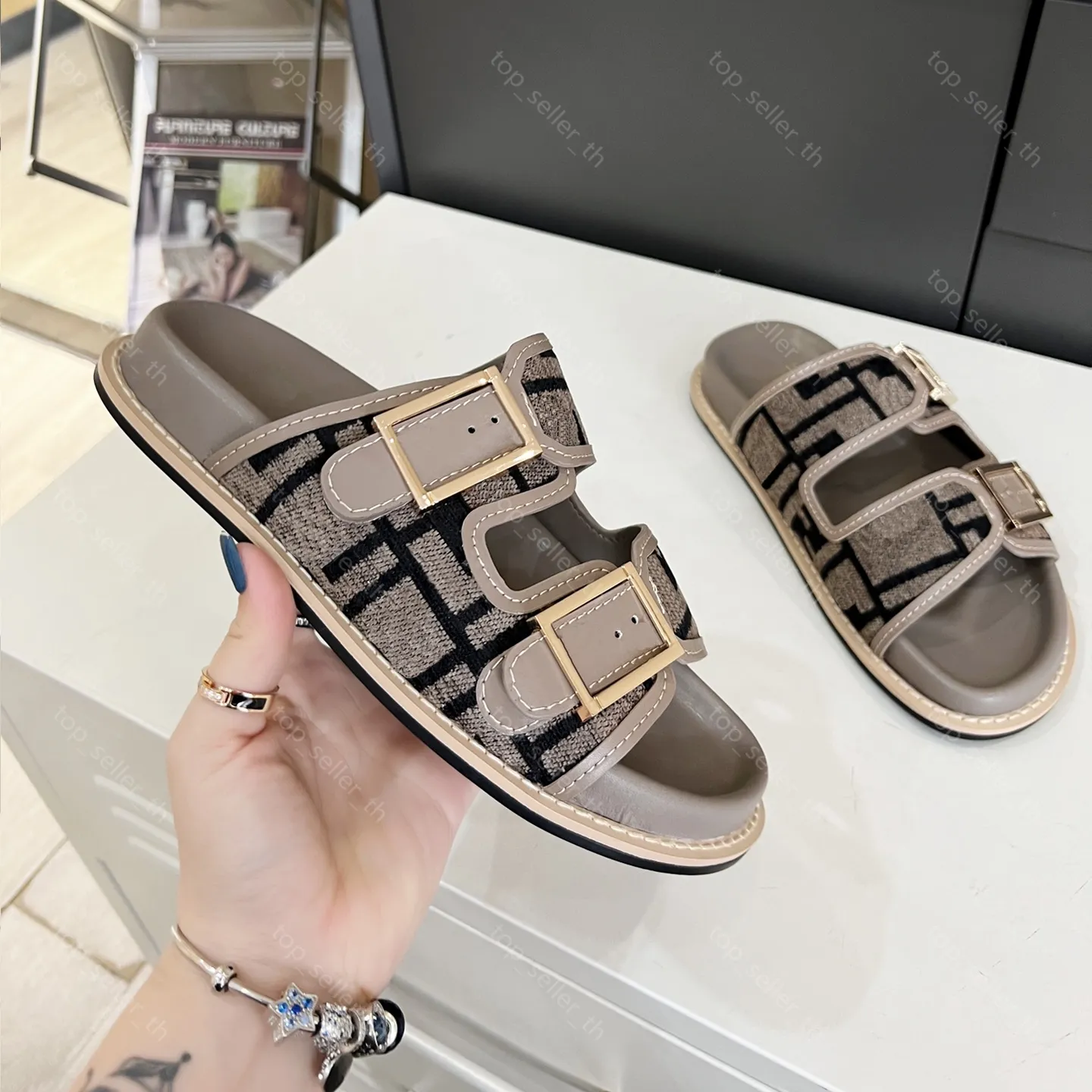 Raffia Double Band F Sports Sandals With Printed Design And Metal ...