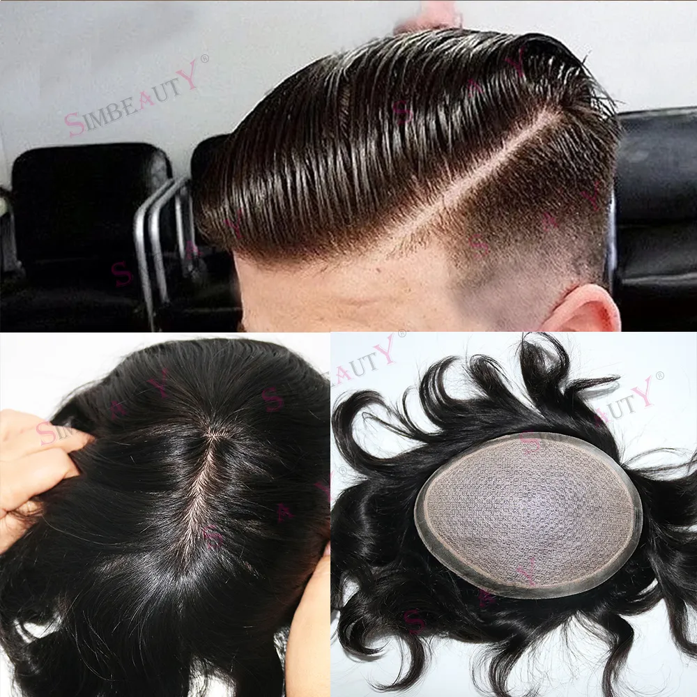Men's Human Hair Toupee - Natural Black #1B Full Silk Base Wig ...