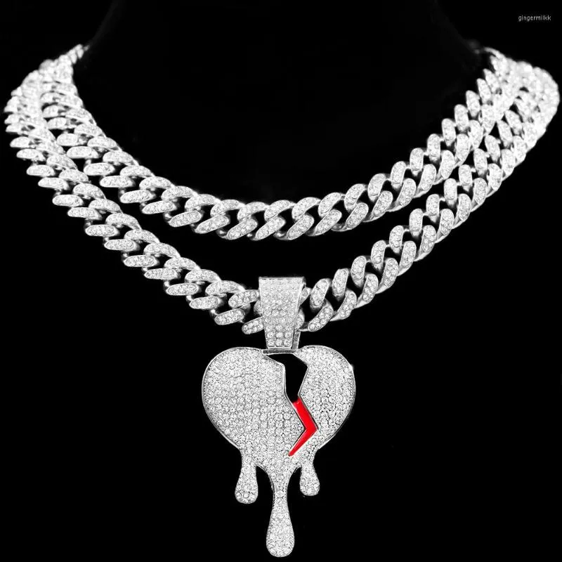 Hip Hop Crystal Broken Heart Cuban Chain With Pendant For Women And Men ...